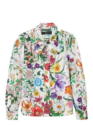 Gucci Printed Silk Twill Shirt With Bow - White