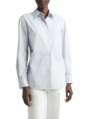 Lafayette 148 New York Aurora Stripe Cotton Tailored Shirt - Glacier Blue Multi