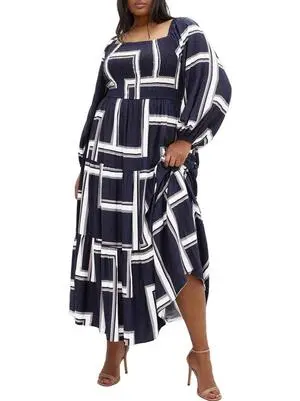 City Chic Leila Print Long Sleeve Maxi Dress - Sleek Stripes Navy
