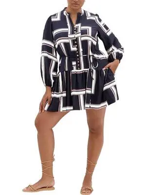 City Chic Printed Long Sleeve Dress - Sleek Stripes Navy