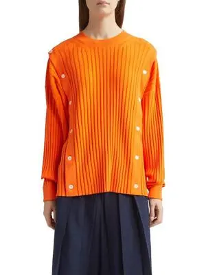 SETCHU Ribbed Crewneck Sweater With Button Detailing - Sunrise Orange