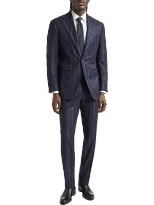 Thom Sweeney Chalk Stripe Structured Wool & Cashmere Suit - Navy Pin Stripe