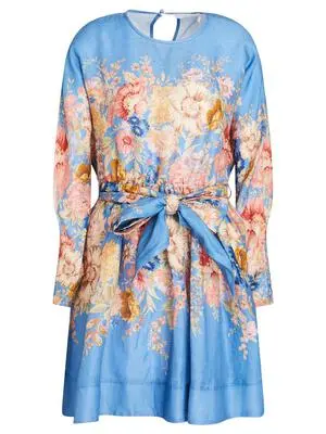Zimmermann Belted Floral-print Linen Mini Dress - Blue