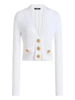 Balmain Cropped Pointelle-knit Cardigan With Button Embellishments - White