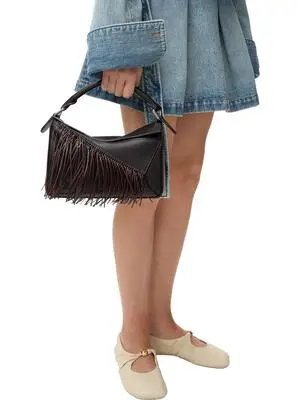 Loewe Small Puzzle Bag With Fringe - Black/dark Chestnut