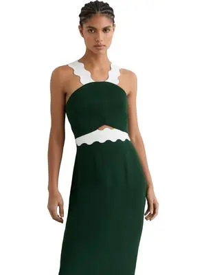 REISS Contrast Wave-trim Fitted Midi Dress - Dark Green/ivory