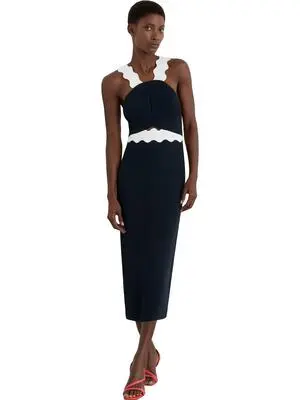 REISS Contrast Wave-trim Fitted Midi Dress - Navy/ivory