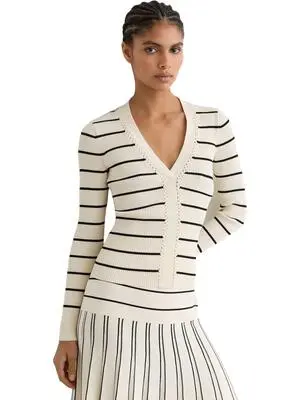 REISS Lauralee Stripe Craft-stitch Rib-knit Top - Ivory/black