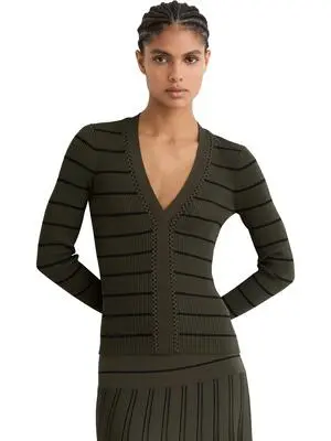 REISS Lauralee Stripe Craft-stitch Rib-knit Top - Khaki Green/black