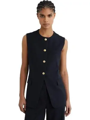 REISS Gabi Button-through Longline Waistcoat - Navy