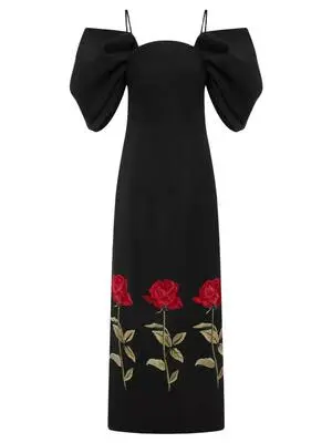 LEO LIN Arabella Puff-sleeve Floral Midi Dress - Black