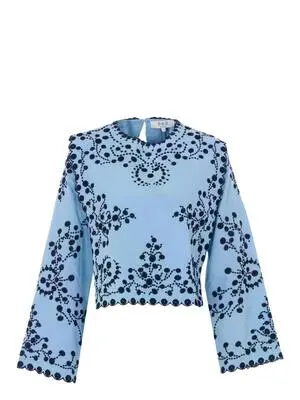 Sea Embroidered Long Sleeve Top - Blue