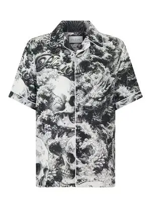 Philipp Plein Skull Dragon Print Bowling Shirt - Black