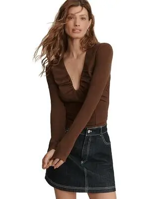 DOLAN LEFT COAST Ruched V-Neck Long-Sleeve Top Brown