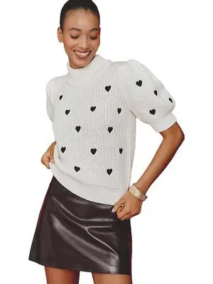 English Factory Puff-sleeve Heart Sweater - Black & White Pattern