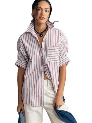PILCRO Ruched Sleeve Buttondown Shirt - Red Stripe