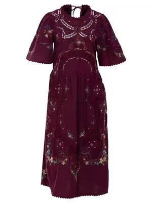 Sea Crew-neck Embroidered Midi Dress - Purple