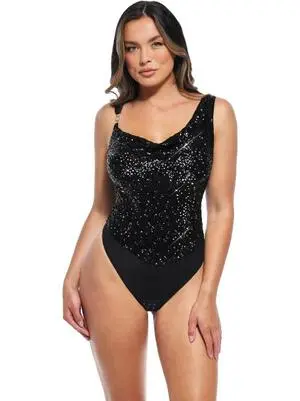 POPILUSH Sequin Cowl Neck Chain Detail Sculpting Bodysuit - Classic Black