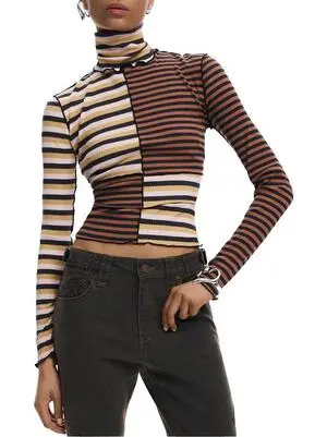 Desigual Colorblock Stripe Rib Turtleneck Top - Brown