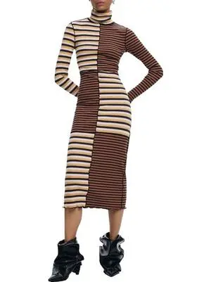 Desigual Colorblock Stripe Ribbed Turtleneck Dress - Brown