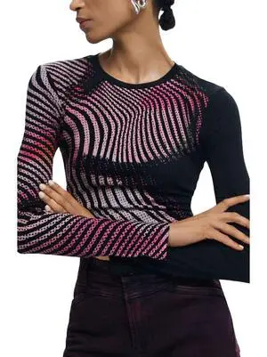 Desigual Printed Rib Long Sleeve Top - Black