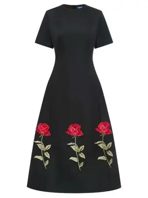 LEO LIN Rose-embroidered Midi Dress - Black