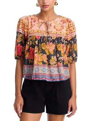 Aqua Floral Border Elbow Sleeve Top - Black Multi