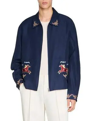 Sandro Embroidered Wing Collar Jacket - Navy Blue