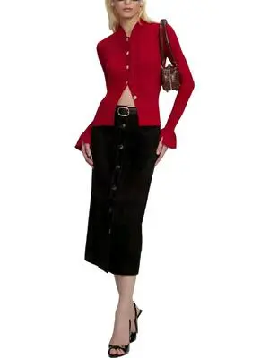 SELF-PORTRAIT Ribbed Button Cardigan - Red