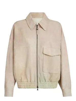 Brunello Cucinelli Leather Jacket With Monili Detail - Neutrals