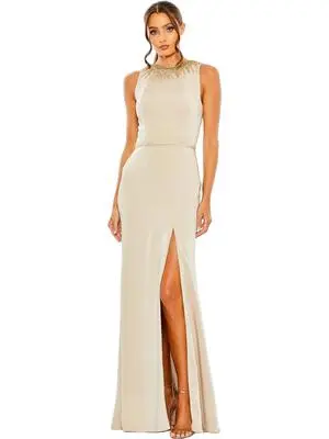 Mac Duggal High-neck Rhinestone Column Gown With Slit - Champagne