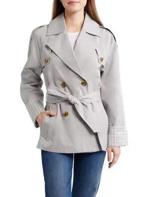 Bcbgmaxazria Water Resistant Gingham Cuff Double Breasted Trench Coat - Stone
