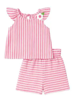 FLORENCE EISEMAN Stripe Gauze Top And Shorts Set - Coral/white