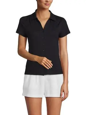 LANDS' END Linen Blend Button-Front Polo Top Black