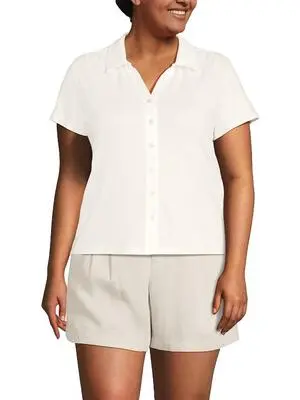 LANDS' END Linen Blend Button-front Polo Top - Ivory