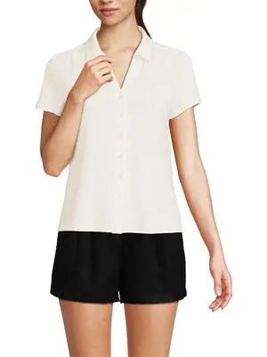 LANDS' END Linen Blend Button-Front Polo Top Ivory