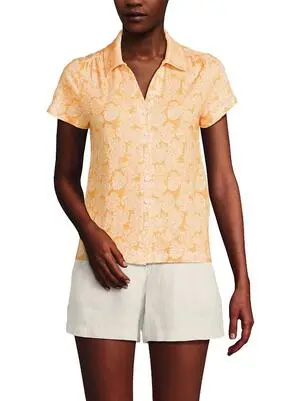 LANDS' END Linen Blend Button-Front Polo Top Sweet Mango Palm Leaves