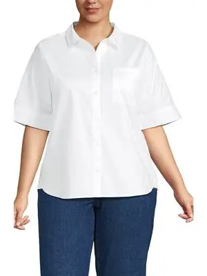LANDS' END Elbow Sleeve Button-Front Shirt White