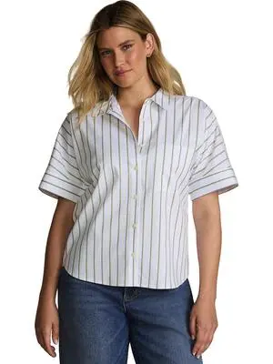 LANDS' END Elbow Sleeve Button-Front Shirt Winter Pear Twin Stripe