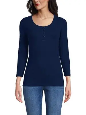 LANDS' END 3/4 Sleeve Micro Rib Henley Deep Sea Navy