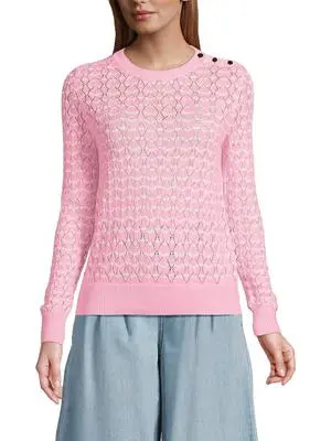 LANDS' END Cotton Viscose Button Shoulder Crewneck Sweater Fresh Ivory/rose Pink Stripe
