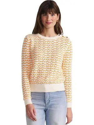 LANDS' END Cotton Viscose Button Shoulder Crewneck Sweater Ivory/sweet Mango Stripe