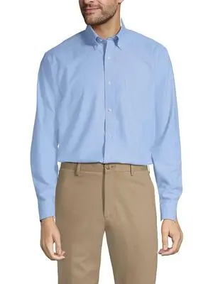 LANDS' END Tailored Fit No Iron Solid Supima Cotton Oxford Dress Shirt - Blue