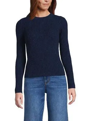 LANDS' END Cotton Blend Marl Ribbed Crew Neck Sweater Deep Sea Navy