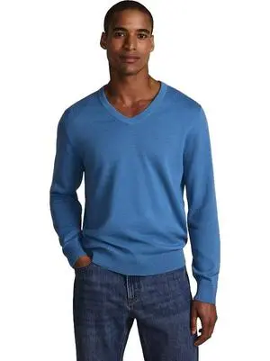 LANDS' END Fine Gauge Cotton V-Neck Sweater Blue Hyacinth