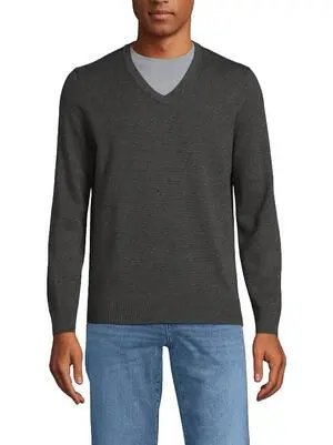 LANDS' END Fine Gauge Cotton V-Neck Sweater Charcoal Heather