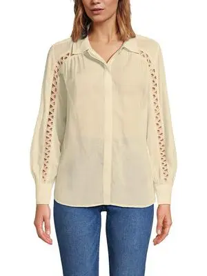 LANDS' END Voile Shirred Trim Insert Shirt Dried Bamboo