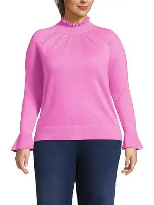 LANDS' END Cotton Pointelle Turtleneck Sweater Aster Pink