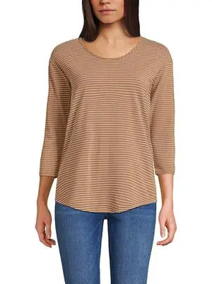 LANDS' END 3/4 Sleeve Lightweight Jersey U-Neck Tunic Canyon Camel Thin Stripe