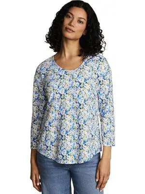 LANDS' END 3/4 Sleeve Lightweight Jersey U-Neck Tunic China Blue Daisy Mini Floral